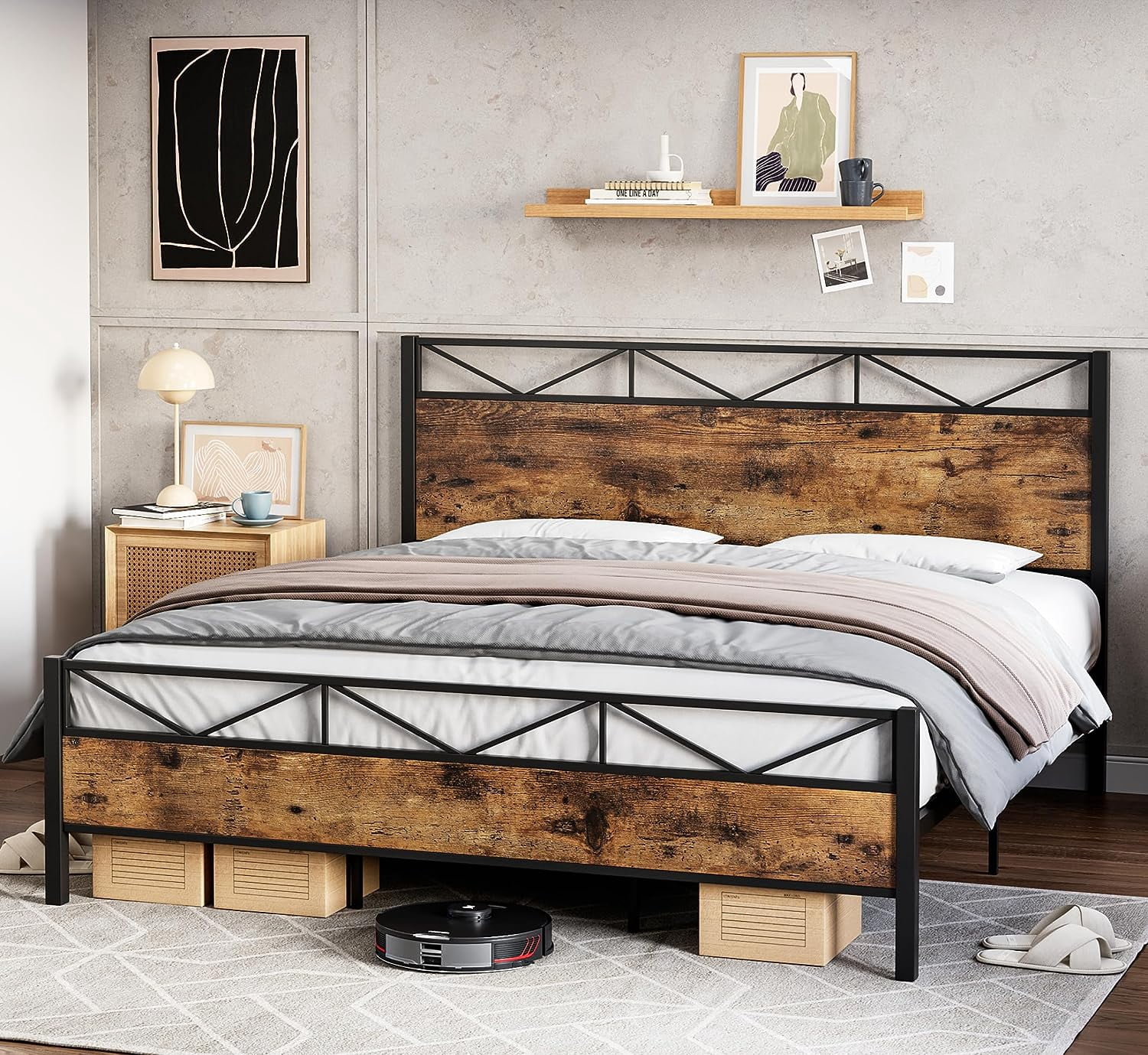 CREATIVE HOBBIES King Bed Frame with Rustic Wood Headboard, Metal ...
