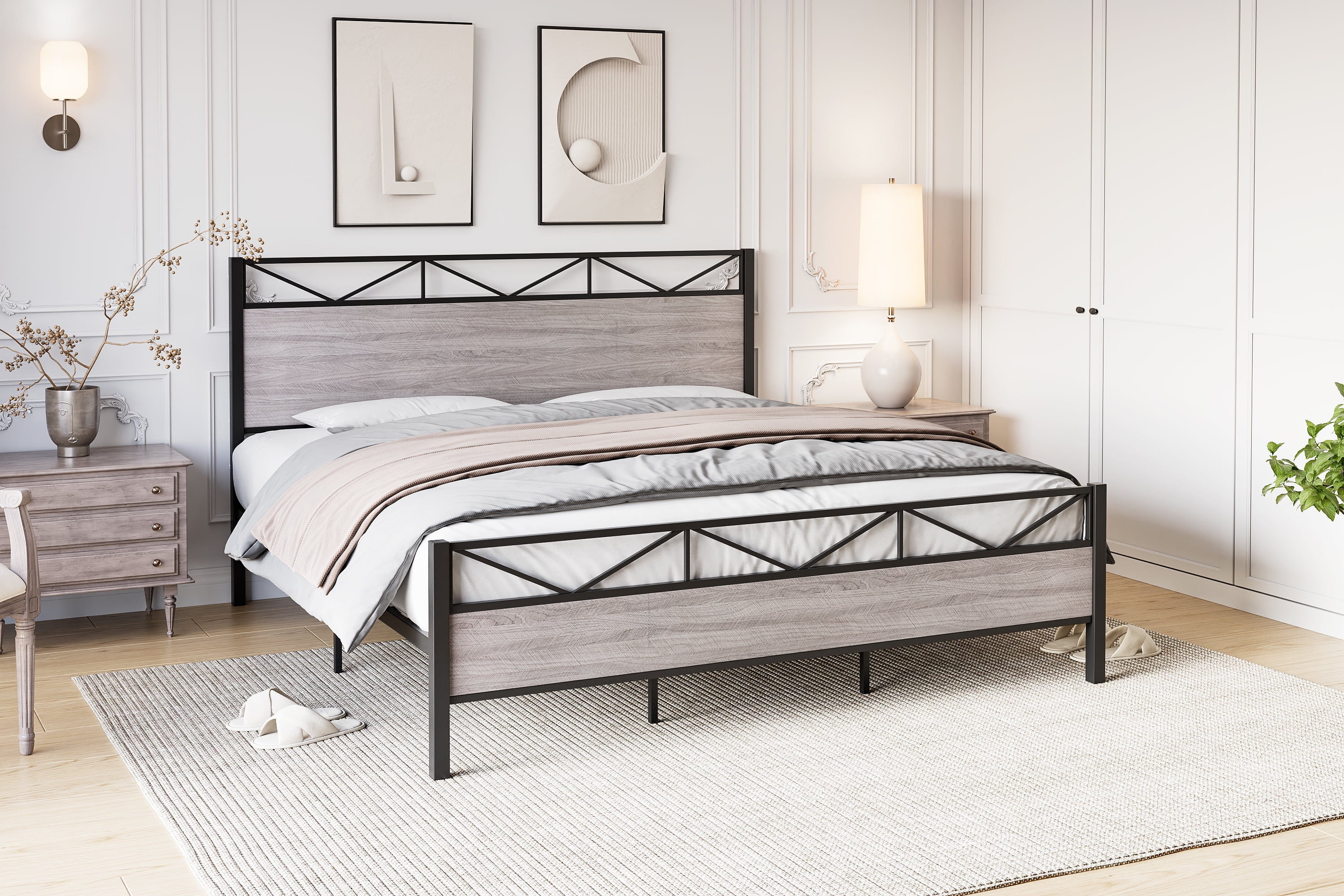 CREATIVE HOBBIES King Size Bed Frame, Rustic Wooden Headboard, Sturdy ...