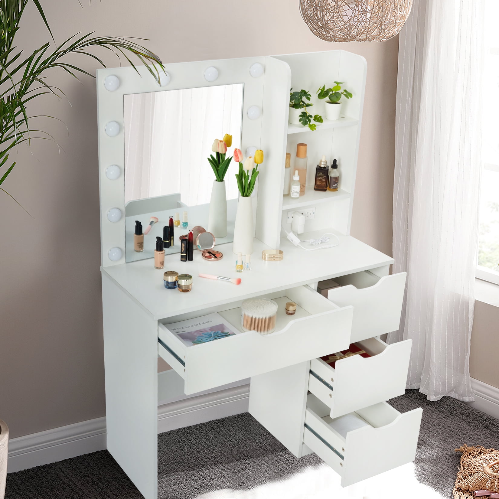 CREATIVE HOBBIES Makeup Vanity with Lighted Mirror, 4 Drawers, Power ...