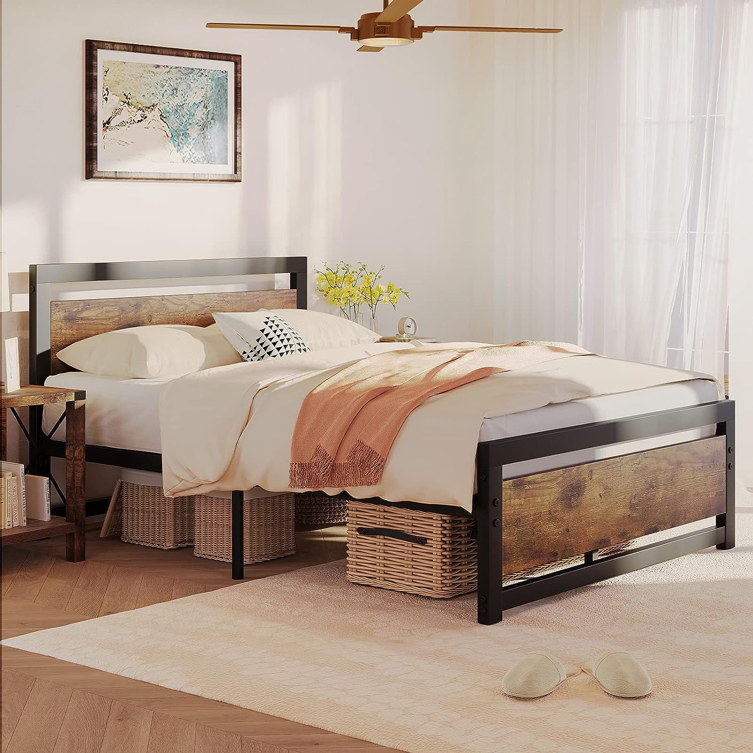 CREATIVE HOBBIES Metal and Wood Bed Frame with Headboard and Footboard ...
