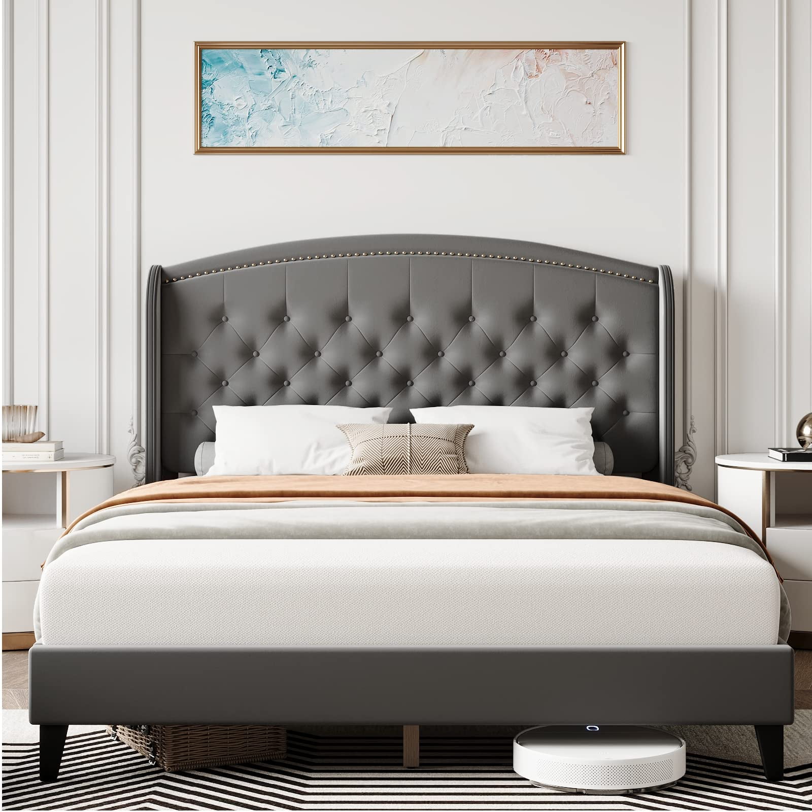 CREATIVE HOBBIES Queen Size Bed Frame, Upholstered Platform Bed with ...