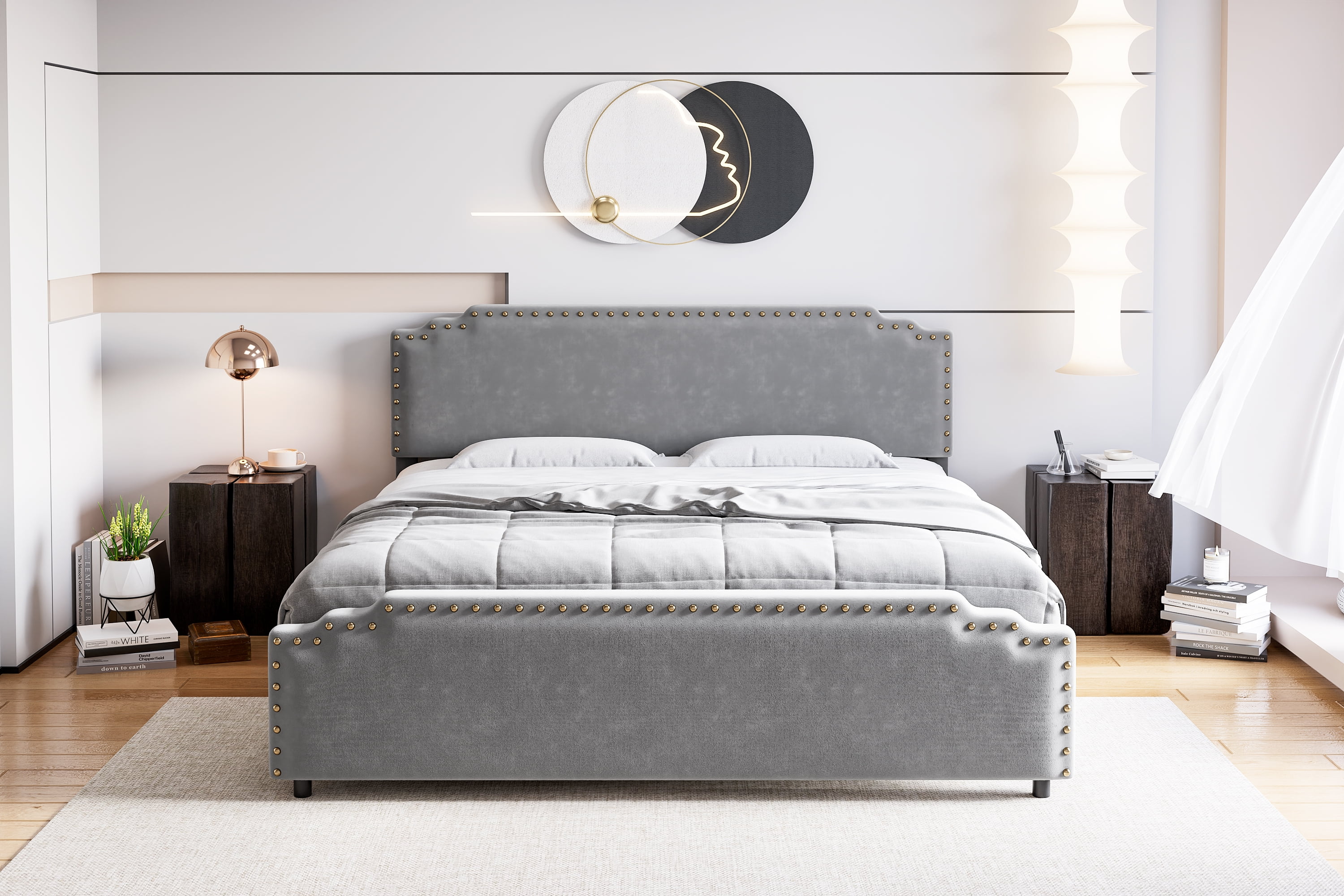 CREATIVE HOBBIES Queen Size Bed Frame Velvet Upholstered Platform Bed ...