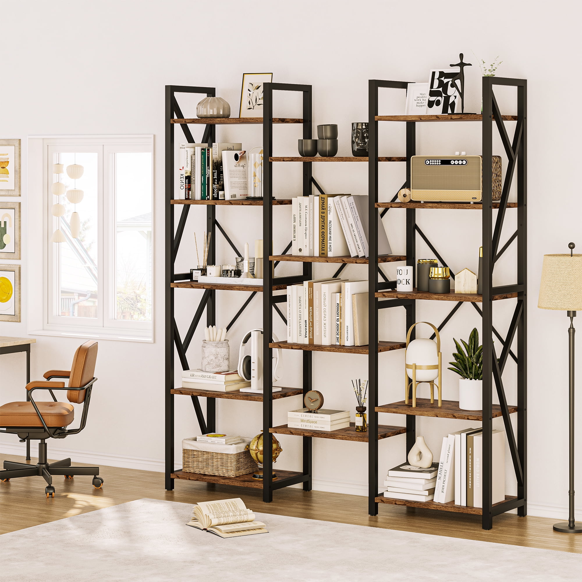 CREATIVE HOBBIES Industrial 5-Tier Triple Wide Bookcase, 14 Open ...