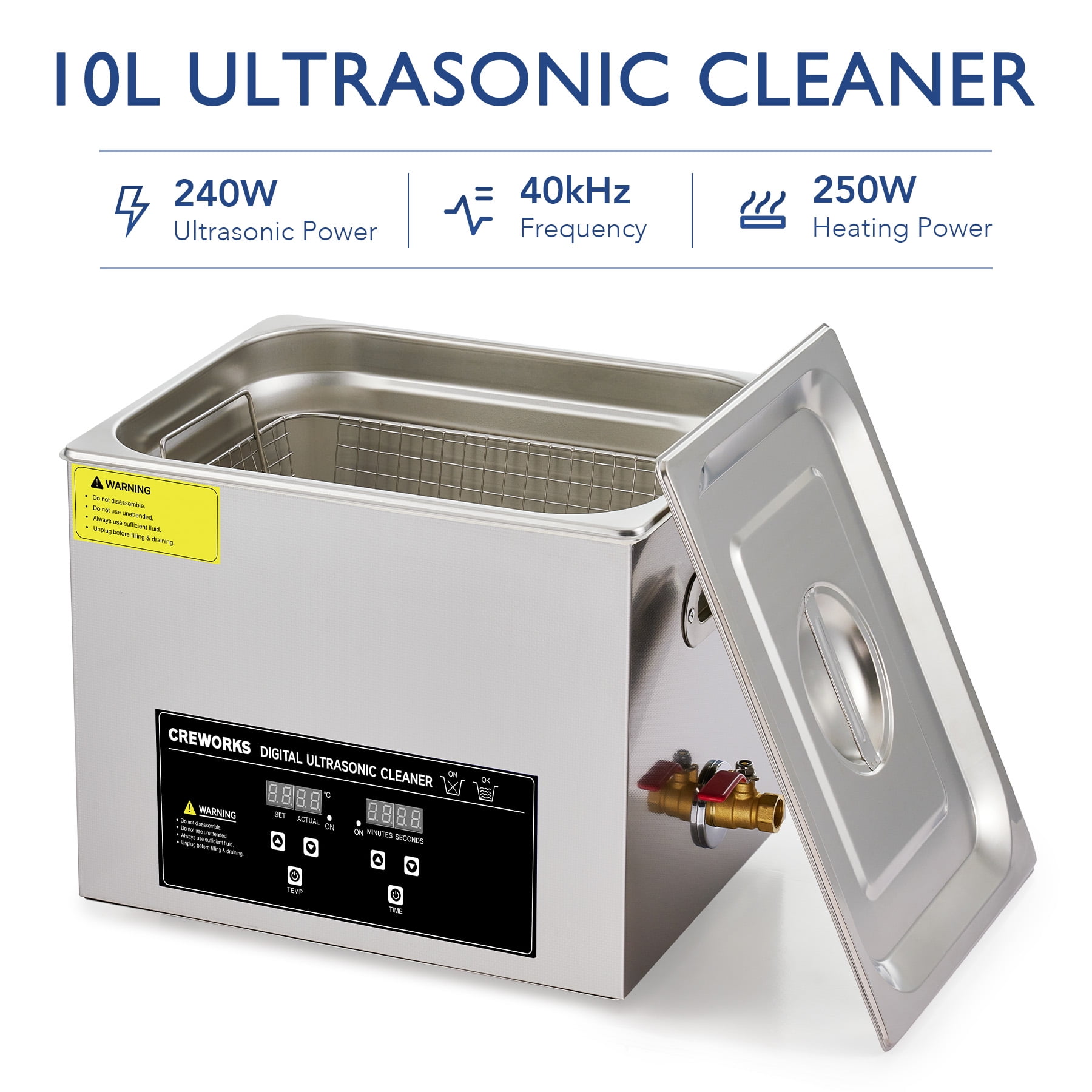 CREWORKS 10L Digital Ultrasonic Cleaner w 300W Heater Digital Timer LED ...