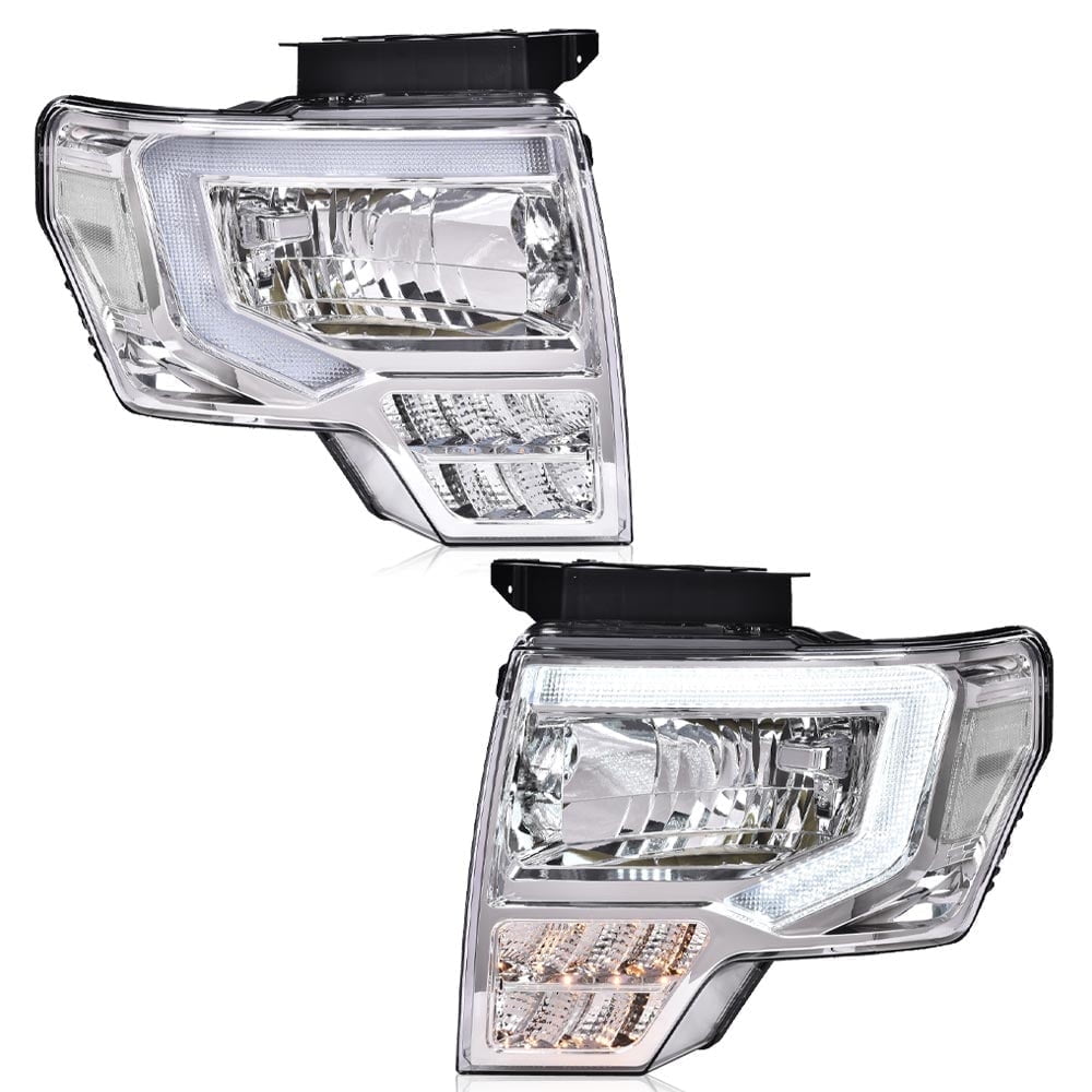CROSSDESIGN Pair LED DRL Chrome Headlight Headlamps Clear Reflector Fit for 2009-2014 Ford F150 ...