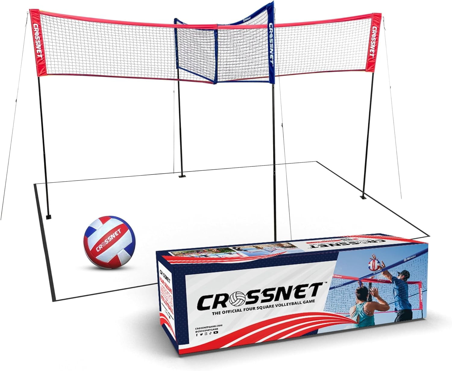 CROSSNET Quick Assemble 4 Square Volleyball Game Set for Adults and ...