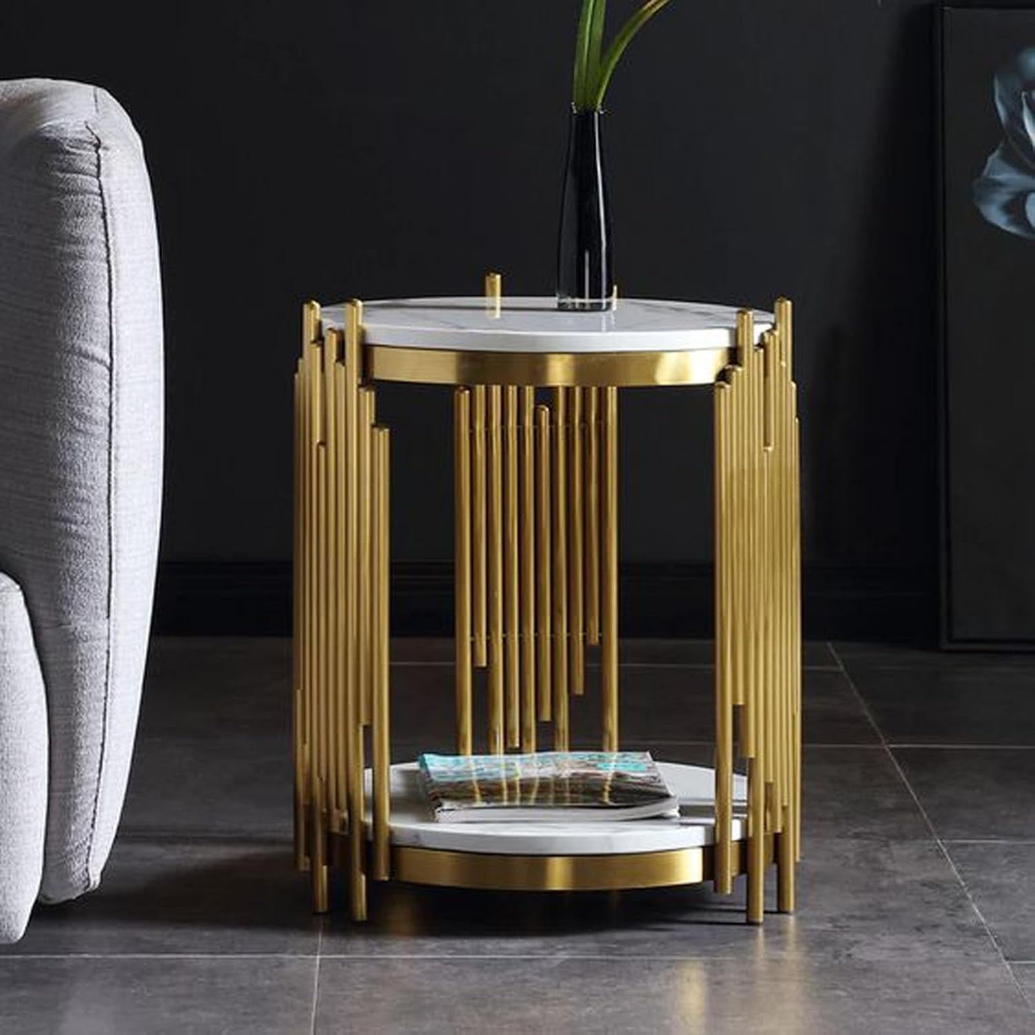 CROWN ART SHOPPEE Modern HighTech Round Side Table with Golden Trim ...