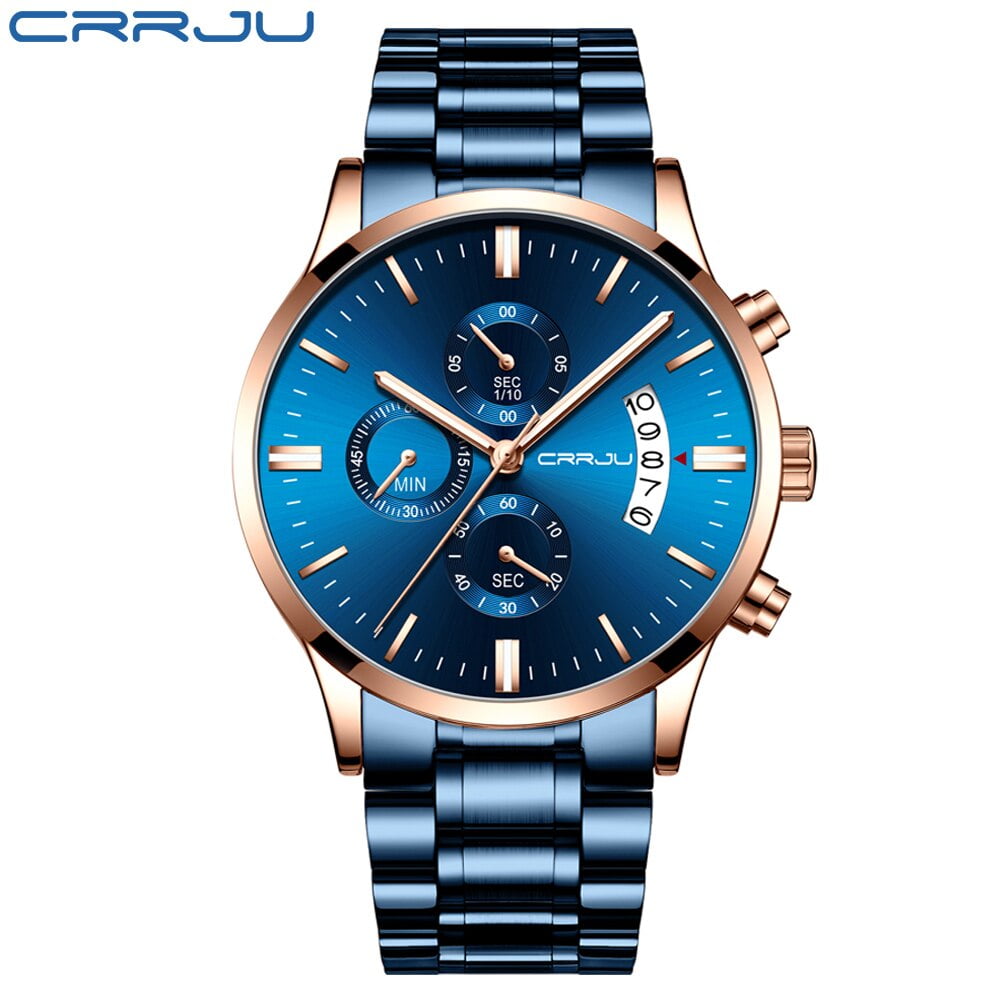 CRRJU Top Brand Luxury Blue Sport Watch for Men Rose Gold Waterproof ...