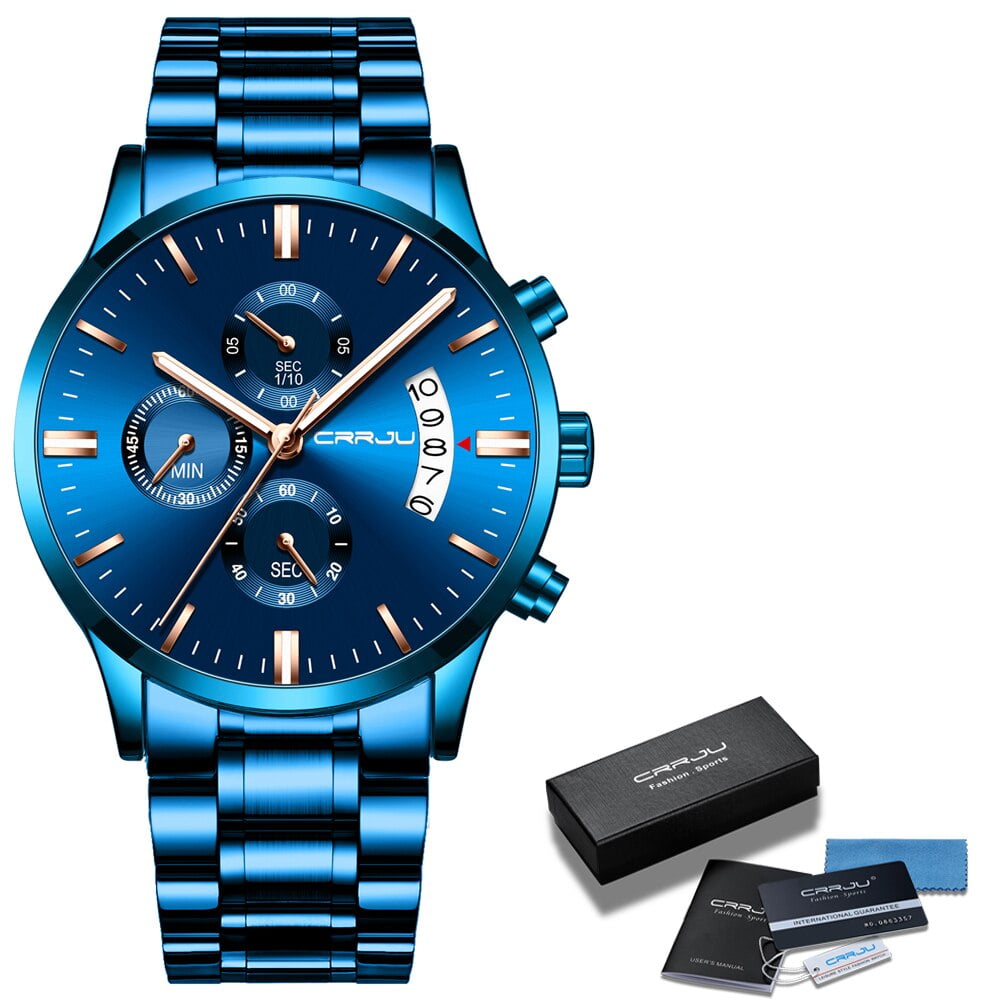 CRRJU Top Brand Luxury Blue Sport Watch for Men Rose Gold Waterproof ...