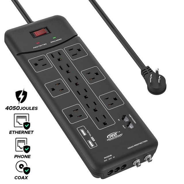 CRST 12-Outlet Multi-Input Surge Protector with USB, Coax & Ethernet ...