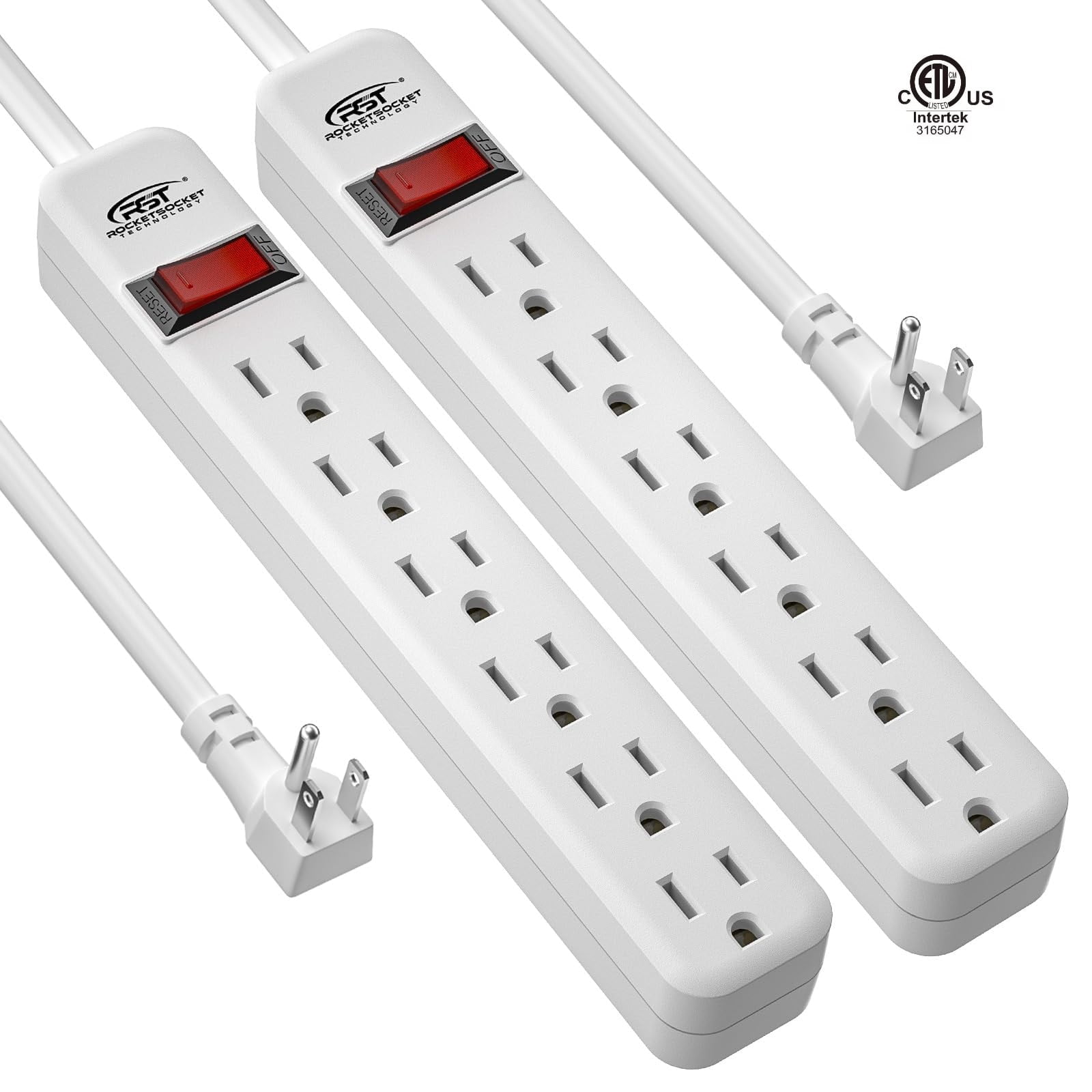 CRST 6 Outlets Power Strip White with Flat Plug 2.5 ft Extension Cord ...