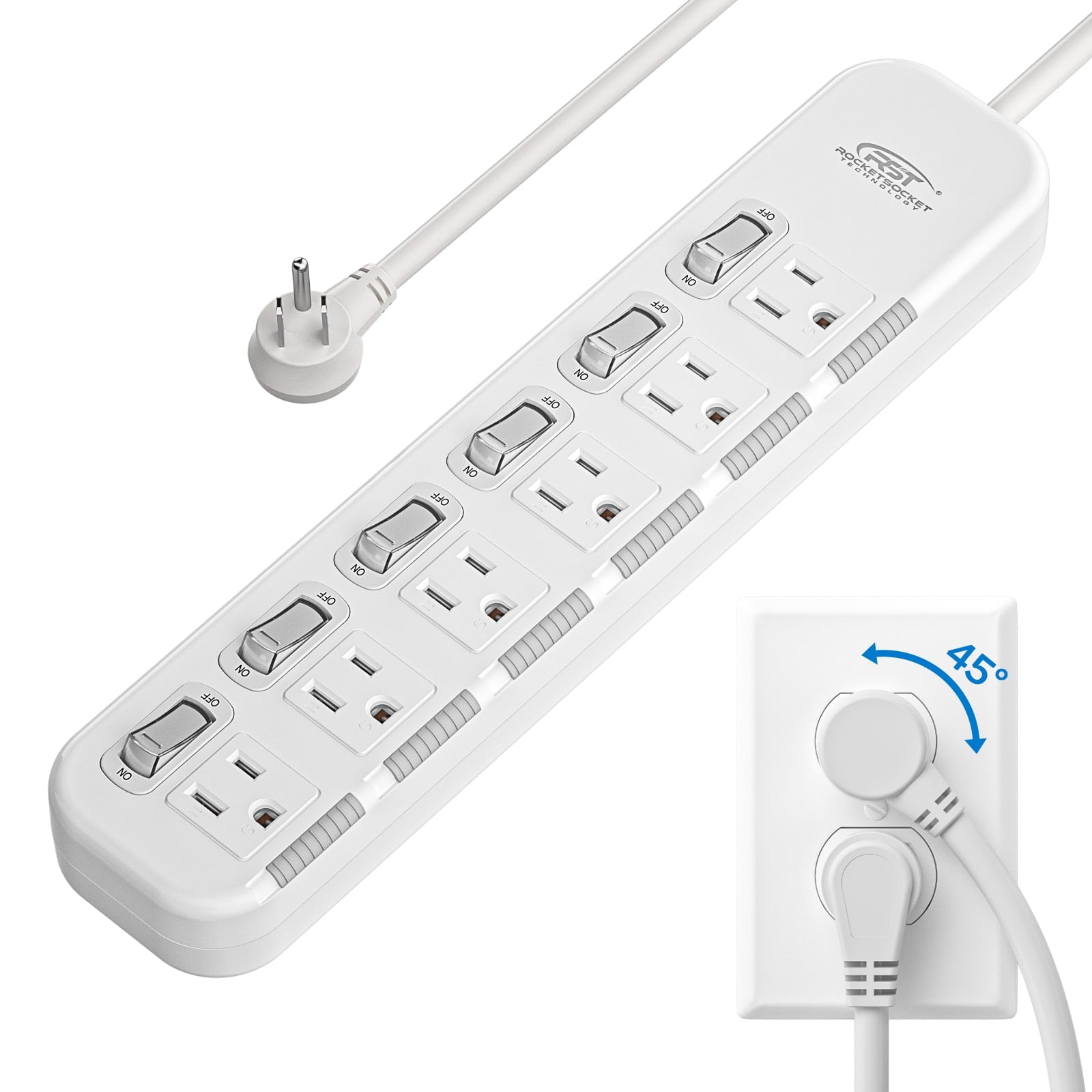 CRST Power Strip Surge Protector, 6 Individual Switches, 6ft Cord, Flat ...