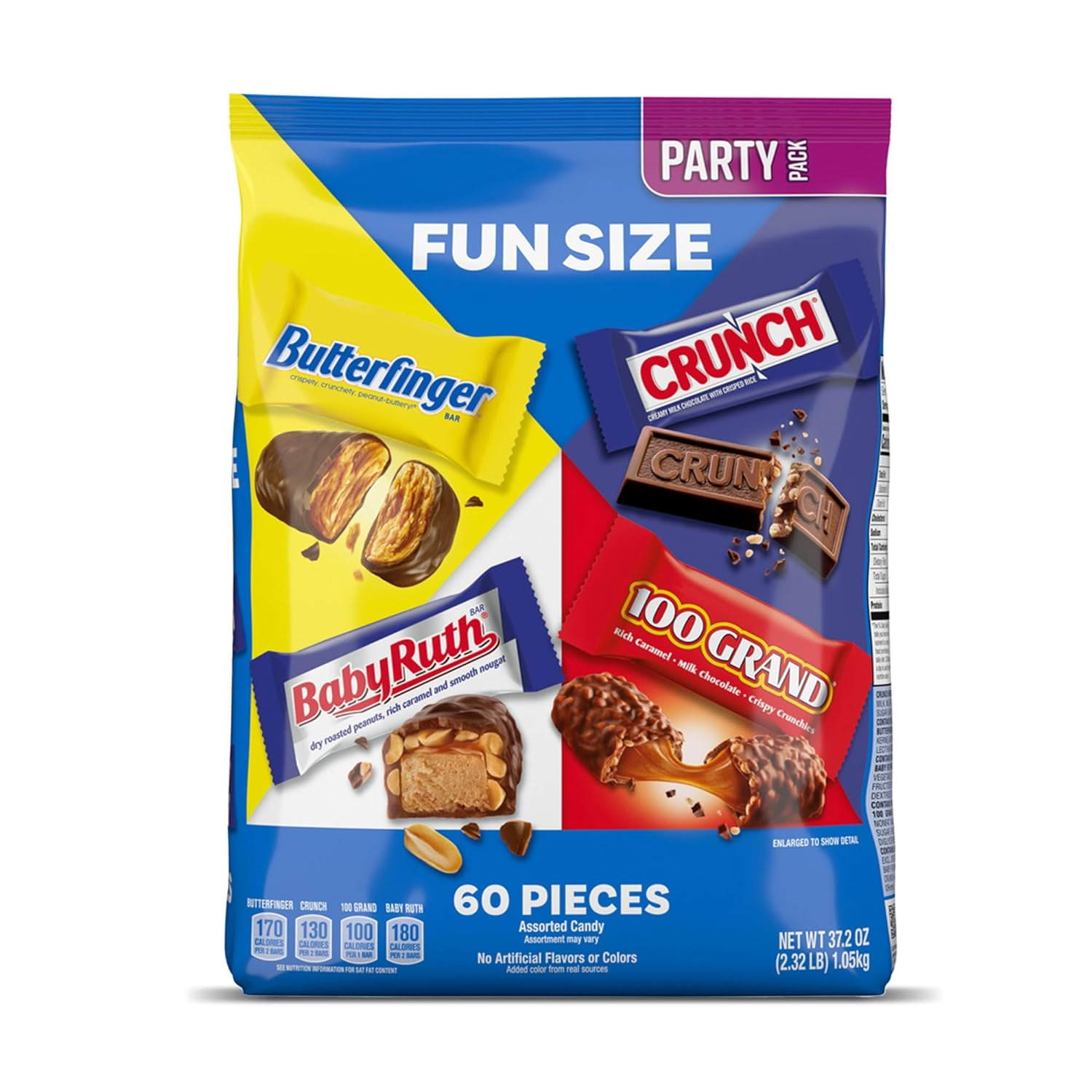 , CRUNCH, Baby Ruth and 100 Grand, Bulk 60 Pack, Assorted Fun Size ...