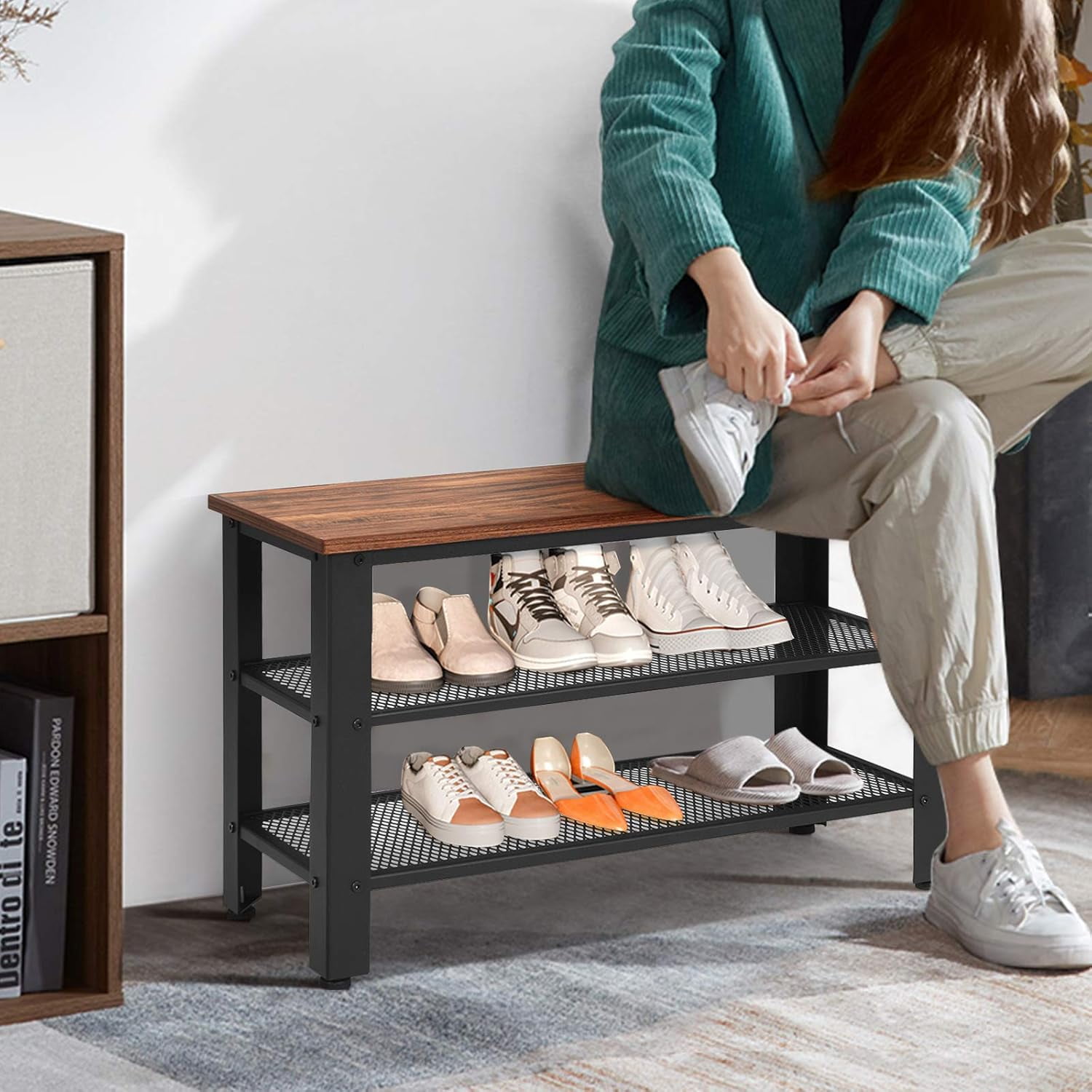 CRXX 3-Tier Shoe Rack Bench, Industrial Shoe Bench with 2 Mesh Storage ...