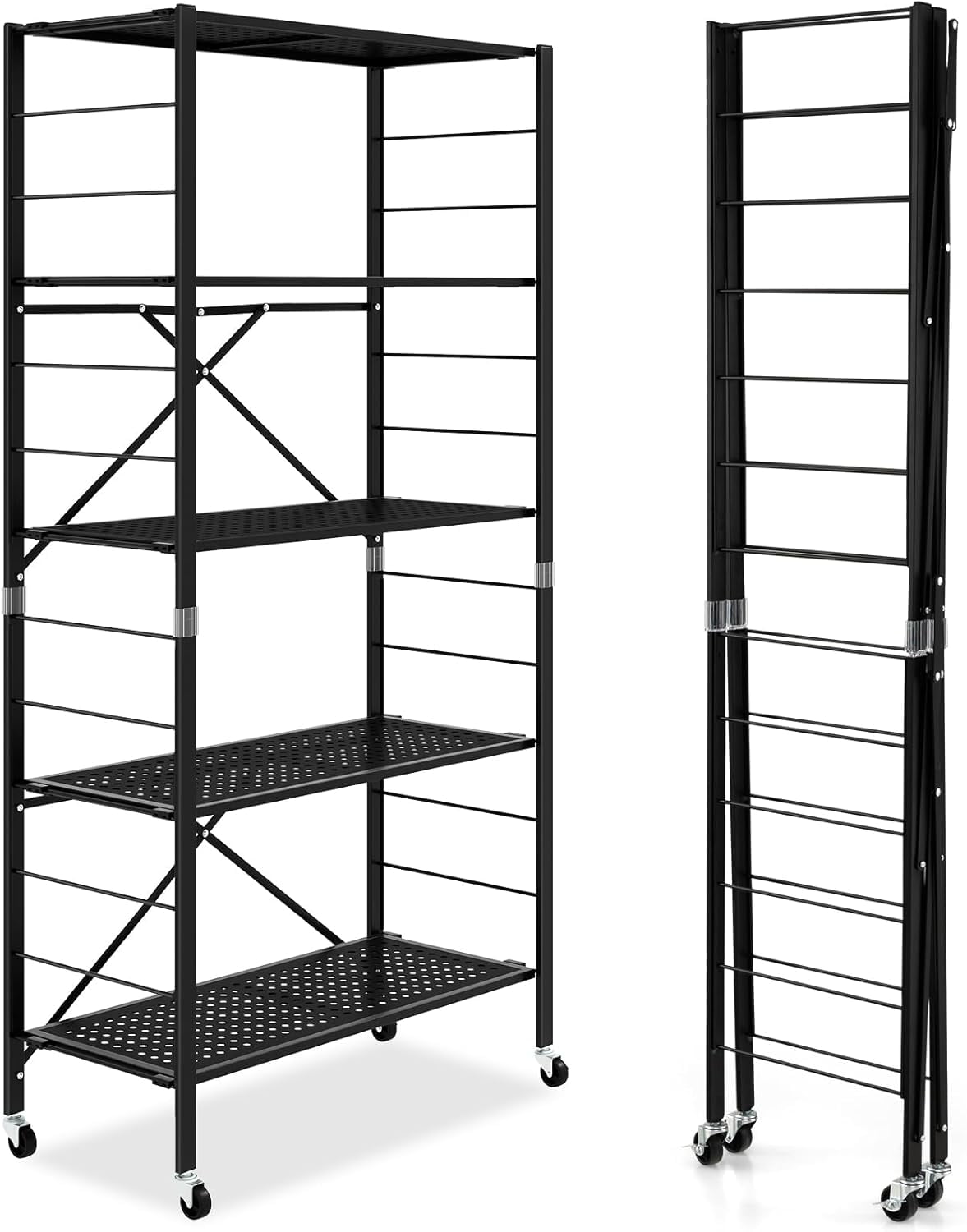 CRXX 5-Tier Folding Storage Shelves with Wheels, 60” Tall Adjustable ...