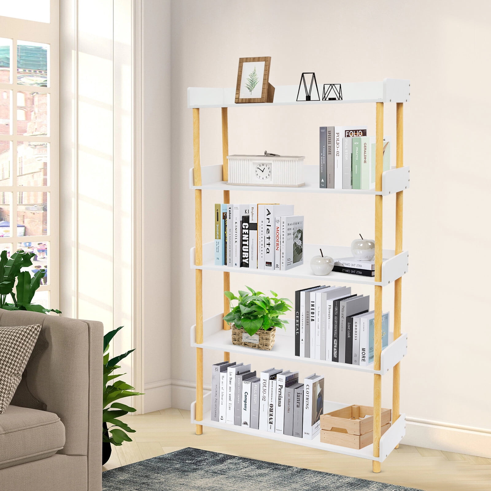 CRXX 5 Tier Wooden Open Bookcase - Modern Tall Display Bookshelf, New ...