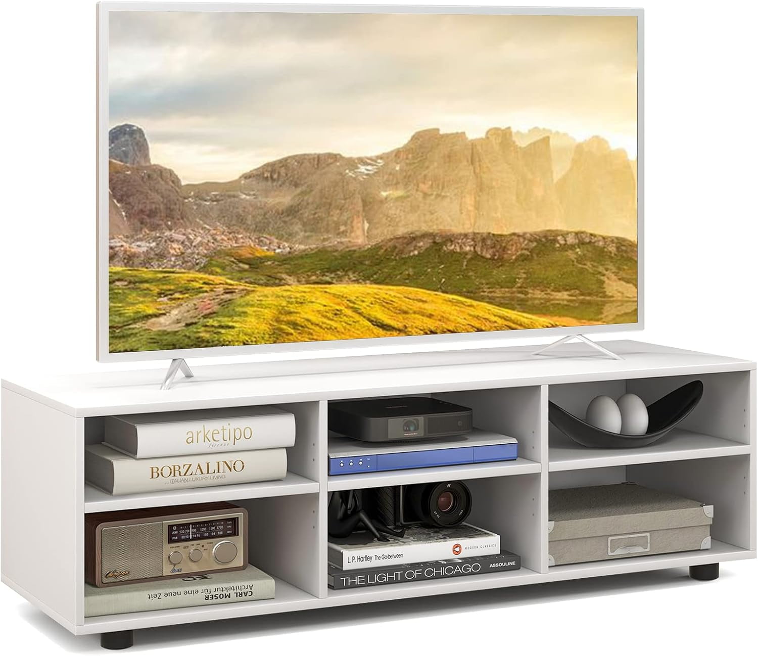 CRXX 6 Cubby TV Stand for 50+ Inch TV, White Wood TV Media Console ...
