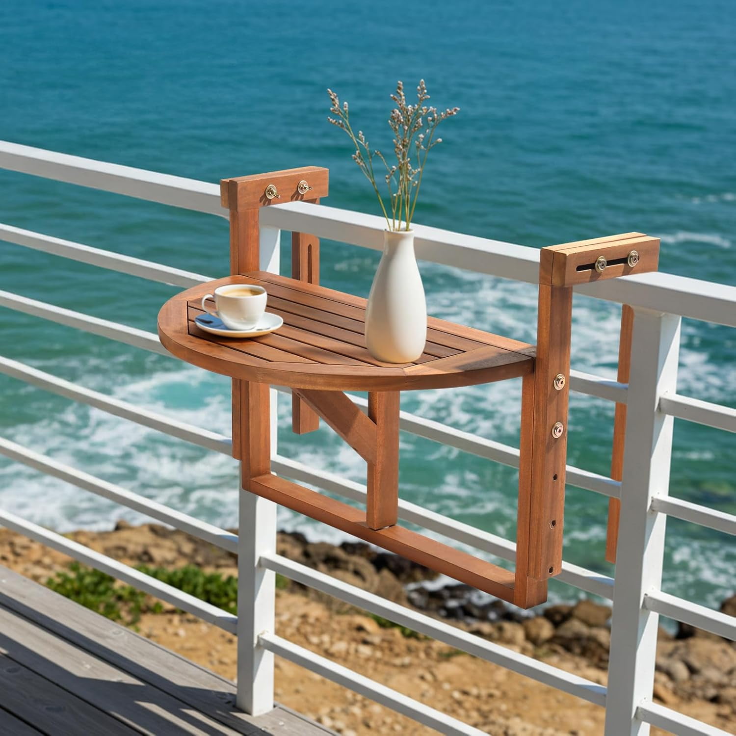 CRXX Balcony Table, Acacia Wood Folding Balcony Bar Table for Railings ...