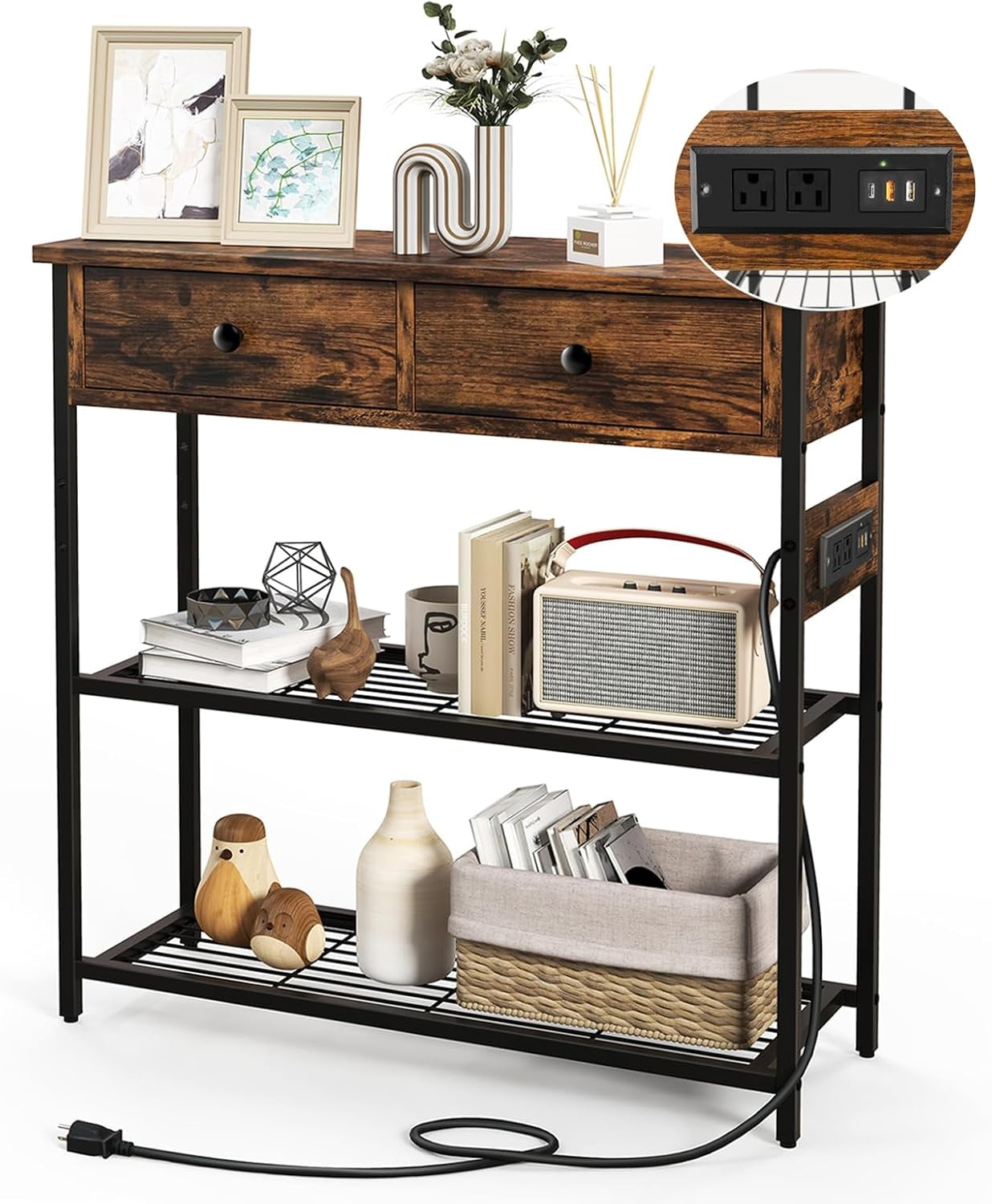 CRXX Console Table with Power Outlet, Narrow Entry Table with Drawers ...