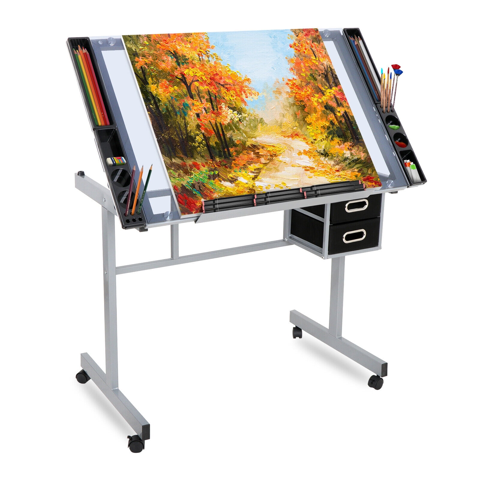 CRXX Drafting Table on Wheels - Adjustable Glass Tabletop Drawing Desk ...