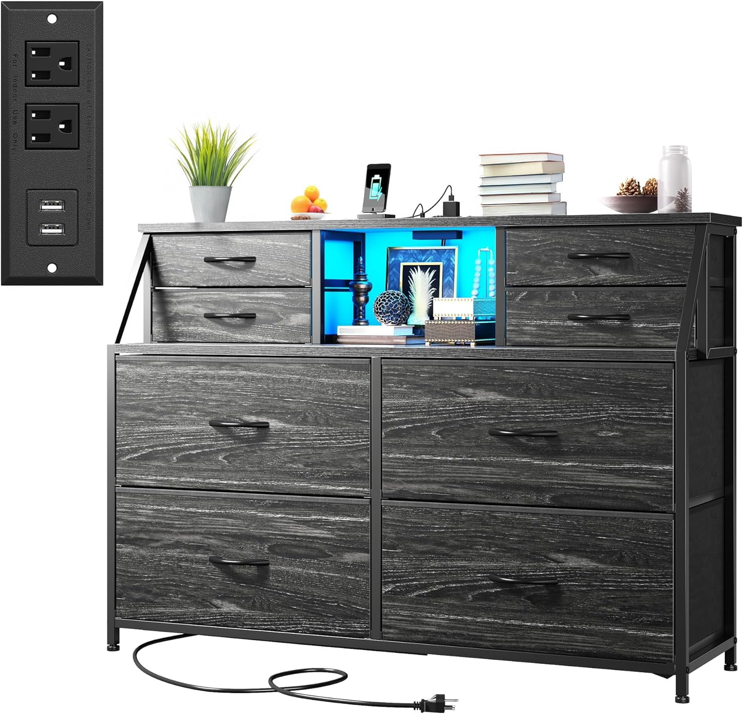 CRXX Dresser for Bedroom with Power Strip & LED, 8 Drawers Dresser with ...