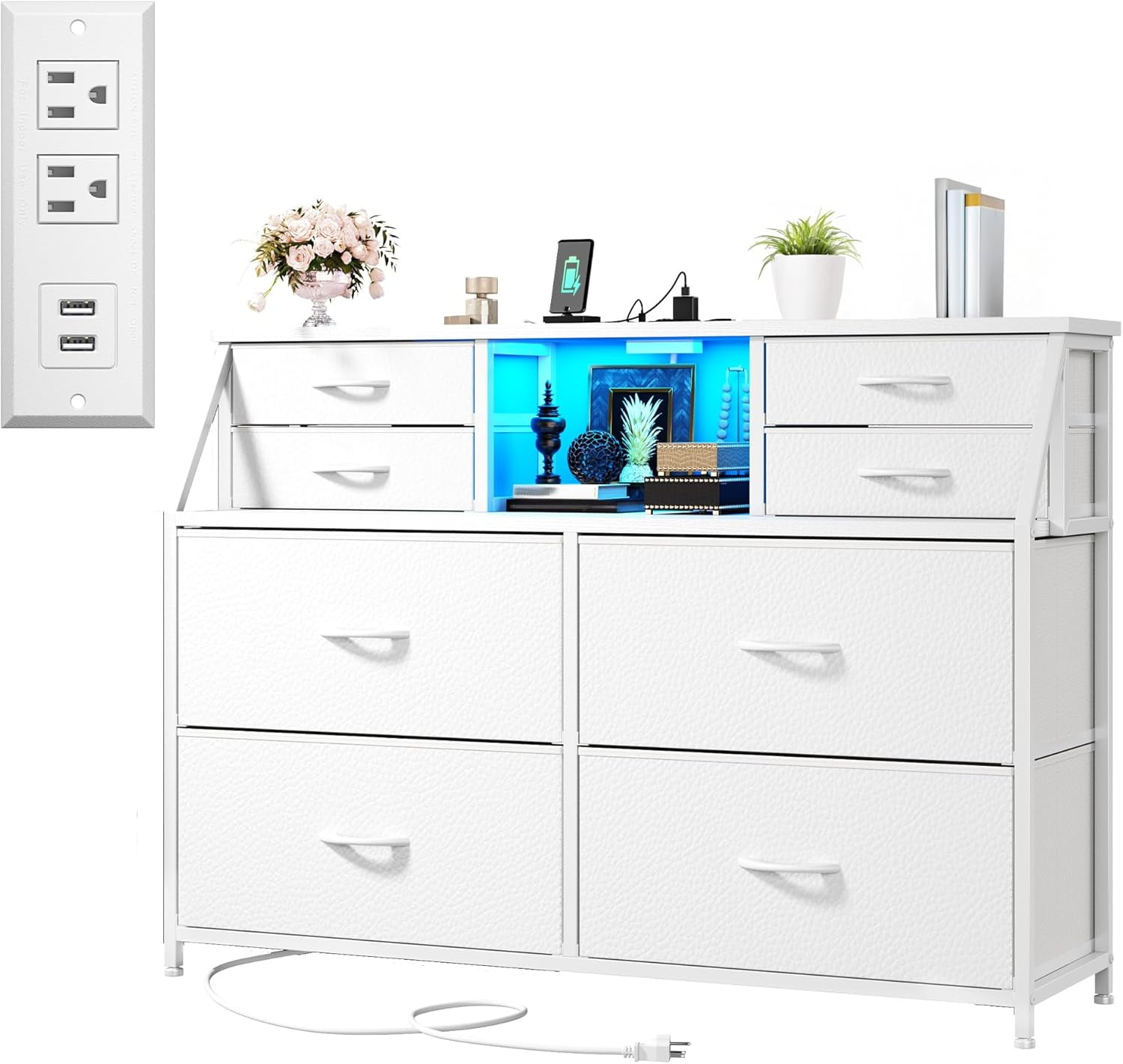 CRXX Dresser for Bedroom with Power Strip & LED, 8 Drawers Dresser with ...