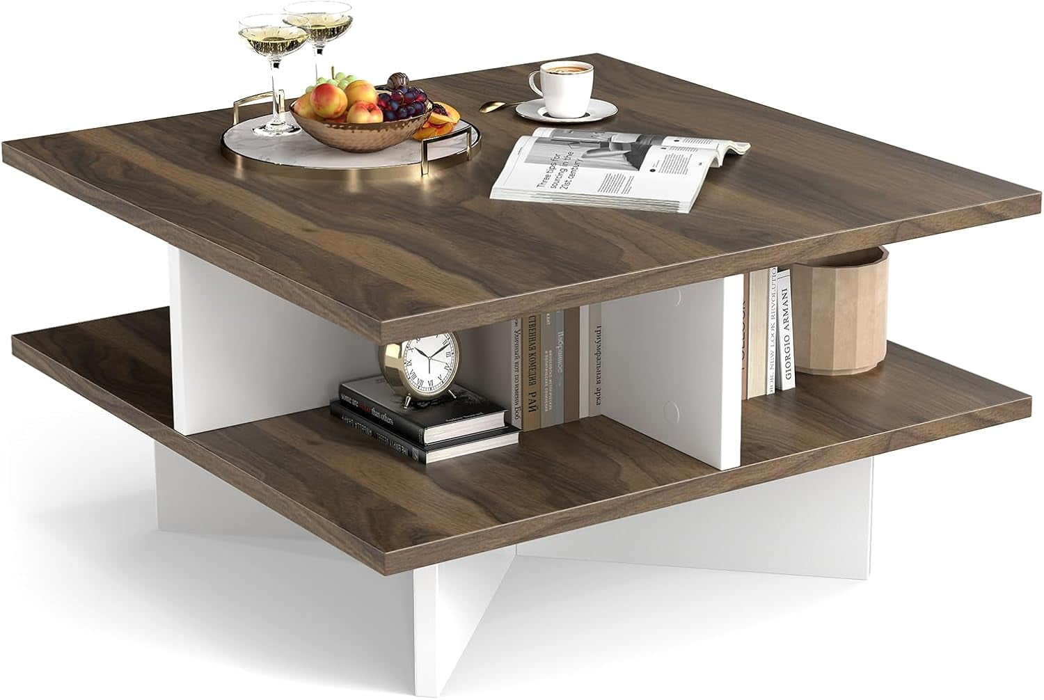 CRXX Farmhouse Coffee Table with Storage, 2-Tier Square Center Table ...