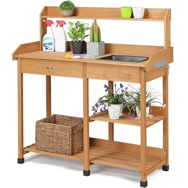 CRXX Garden Potting Bench Table Workstation – Solid Natural Fir Wood ...