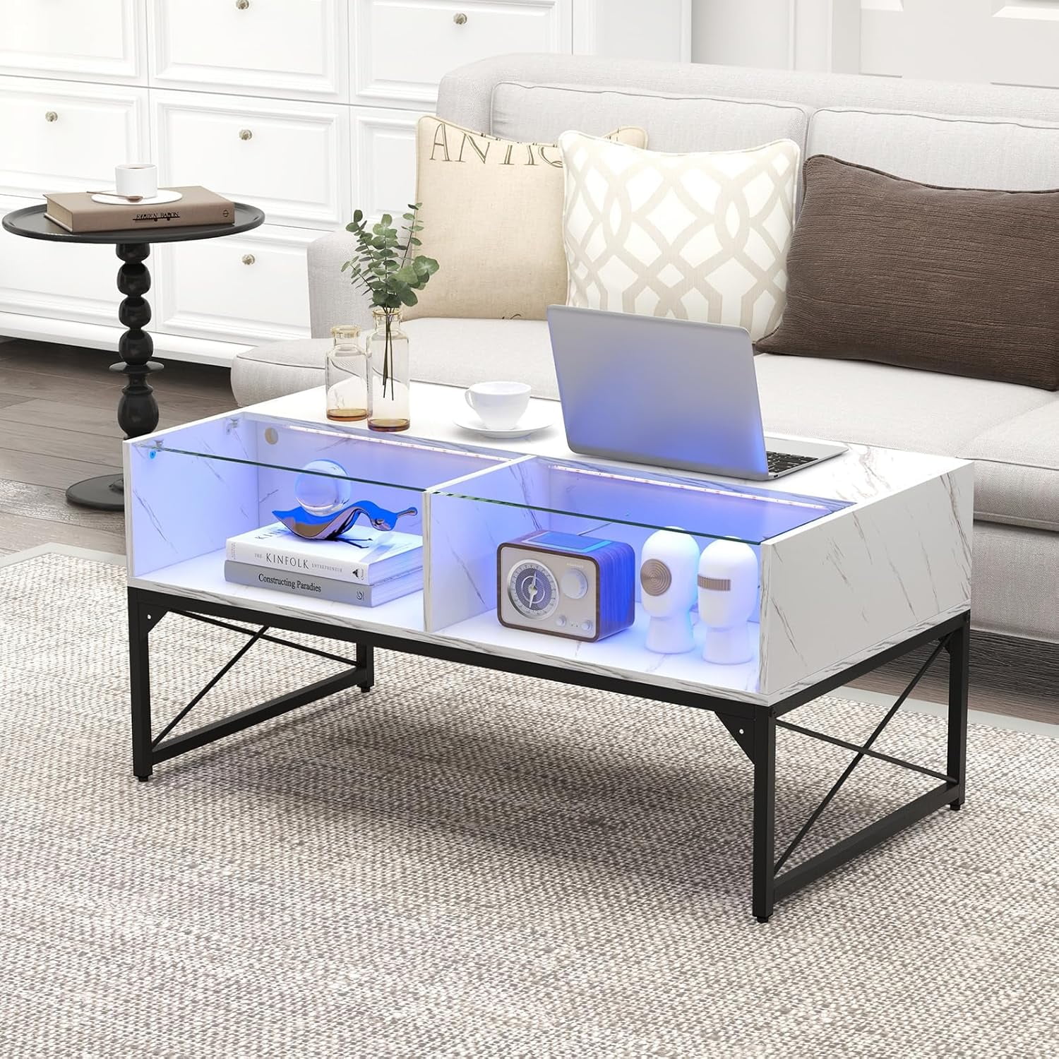 CRXX LED Coffee Table, High Gloss Coffee Tables with 4 Storage Cubes ...