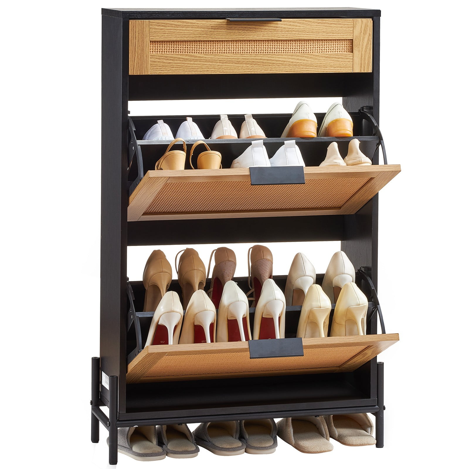 CRXX Rattan Shoe Cabinet Shoe Organizer 2 Flip Drawers & 1 Slide Drawer ...