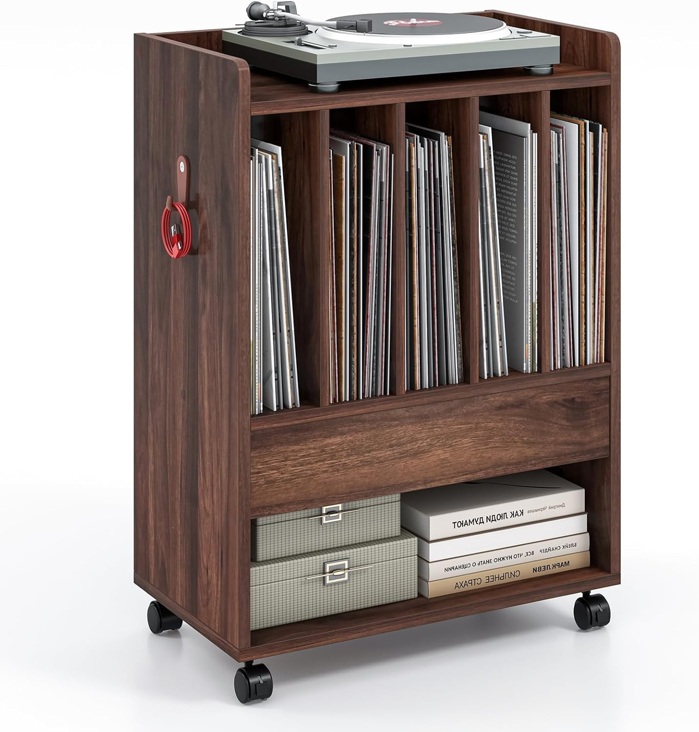 CRXX Record Player Stand, Rolling Turntable Stand with Drawer, Hook ...