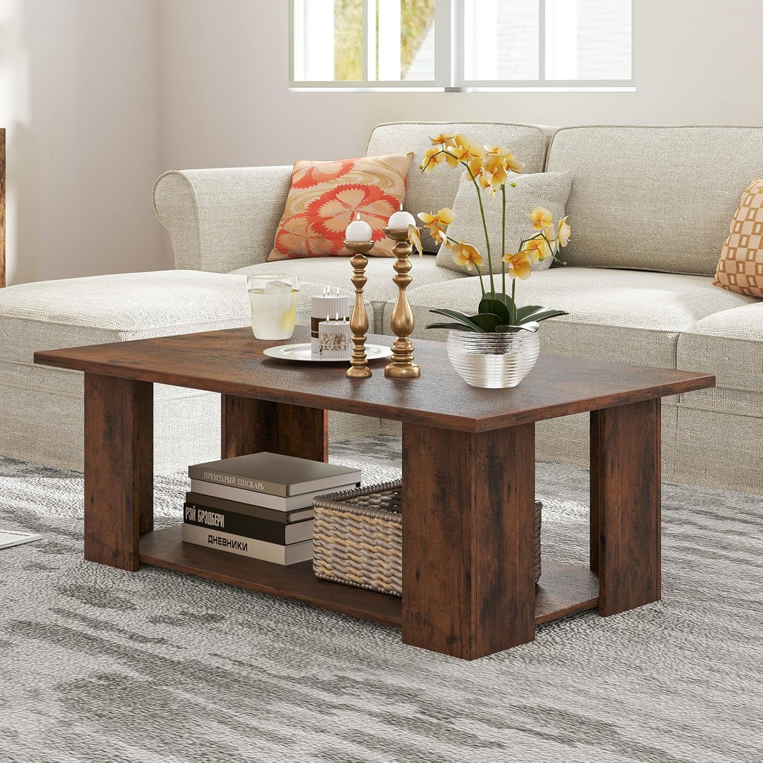 CRXX Rectangle Wood Center Table, 41" L 2-Tier Large Modern Tea Table w ...