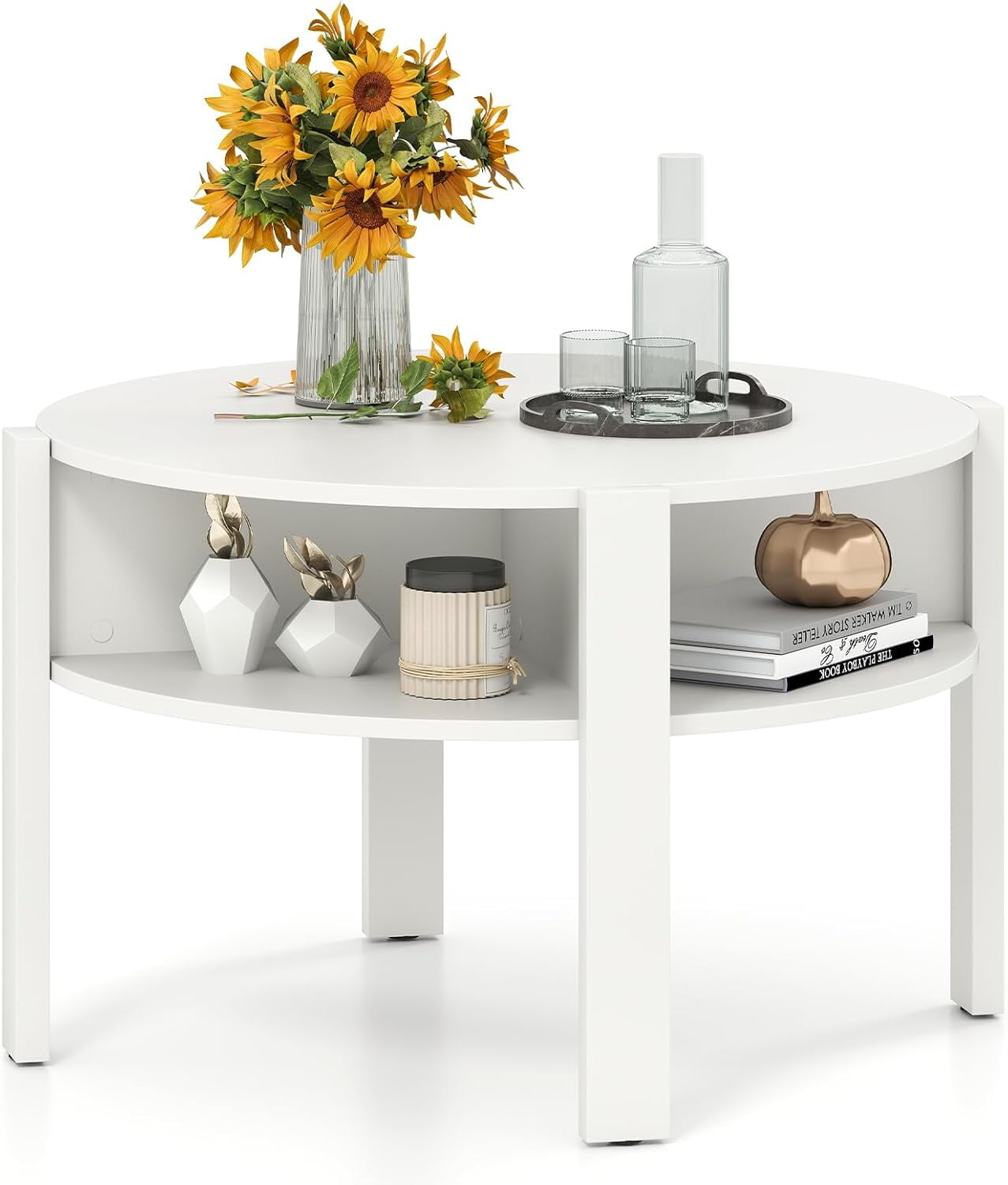 CRXX Round Coffee Table with Storage, 29.5” Wooden Center Table with 4 ...