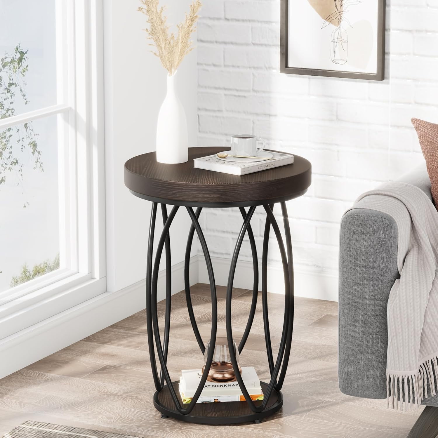 CRXX Round Side Table, Small End Table with Storage Shelf, Industrial ...