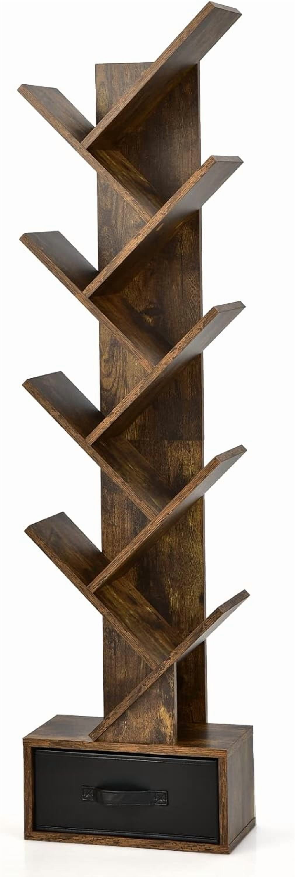 CRXX Rustic Tree Bookshelf, 10 Shelf Bookcase with Drawer, Geometric ...
