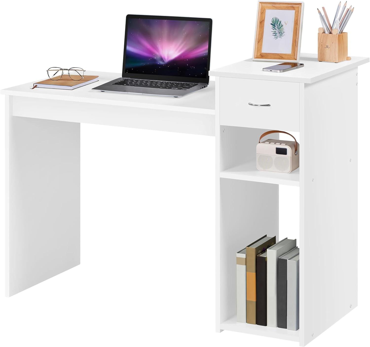 CRXX Small White Computer Desk with Drawers and Printer Shelves, Wood ...