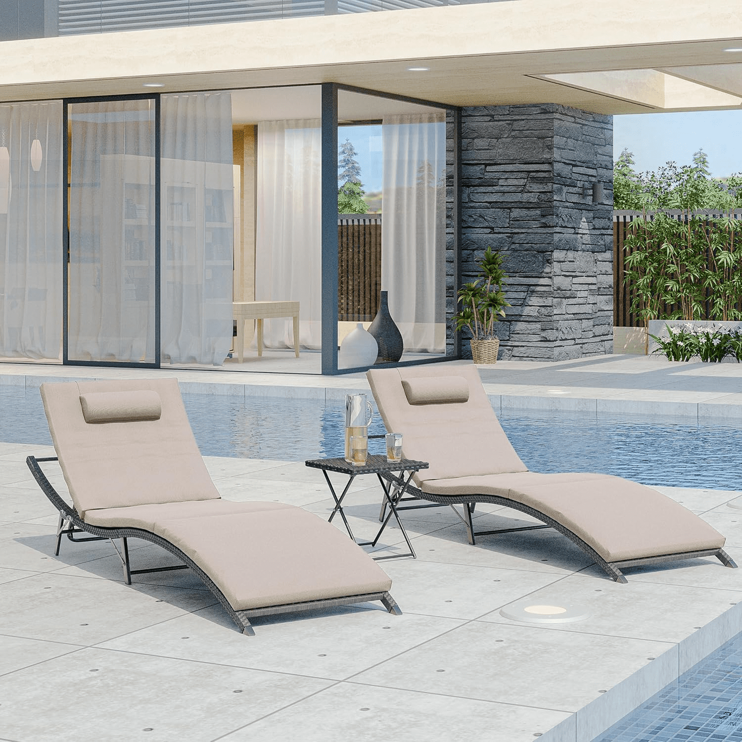 CRYVBTYB Chaise Lounge Set 3 Pieces Outdoor Rattan Wicker Pool Lounge ...