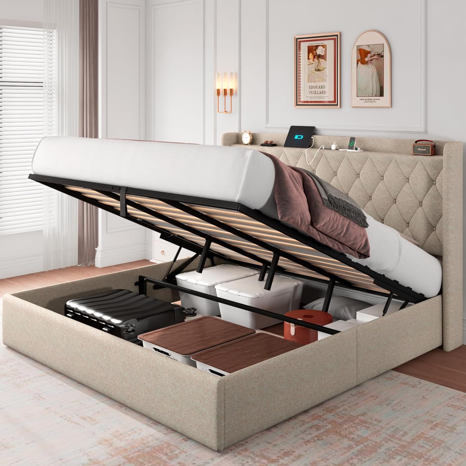 CRYVBTYB Queen Size Lift Up Storage Bed Frame with Charging Station ...
