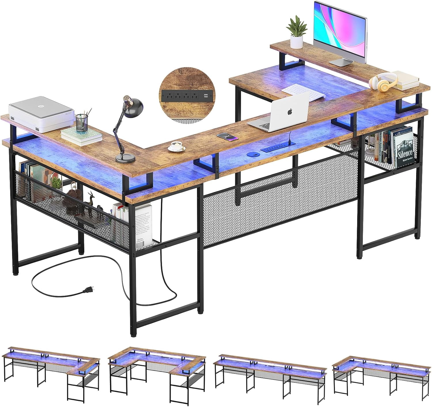 CRYVBTYB U Shaped Computer Desks Reversible Office Desk with LED Strip ...
