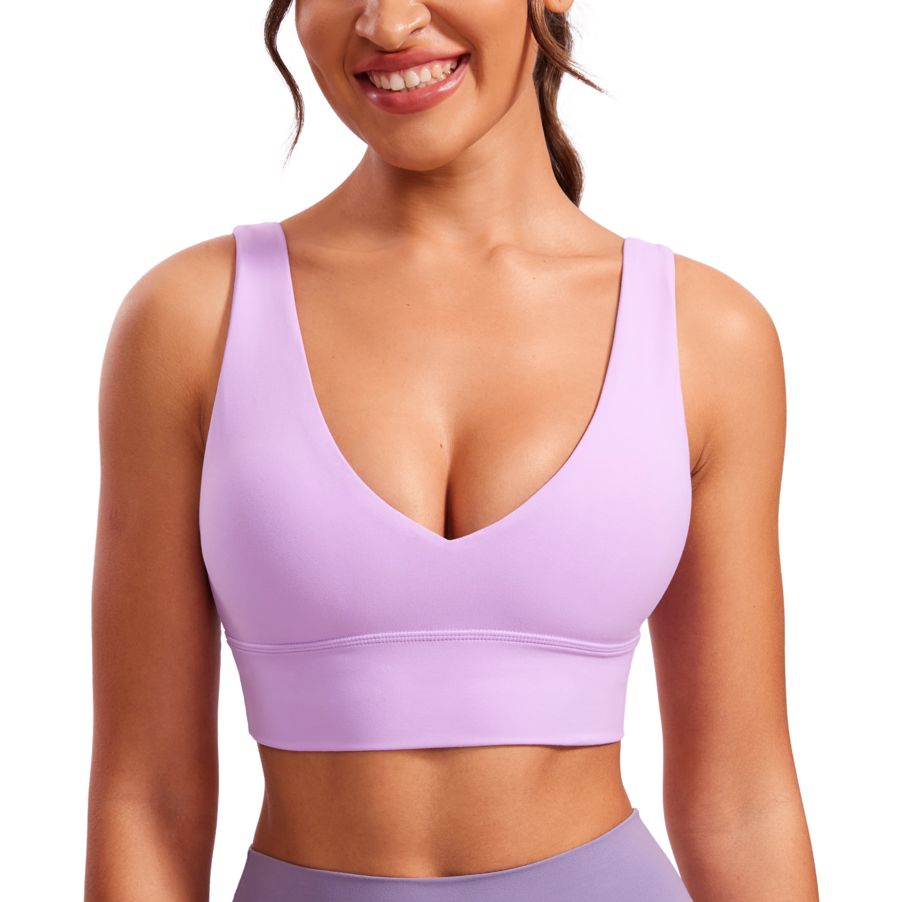 CRZ YOGA Butterluxe Womens V-Neck Longline Sports Bra Wireless U-Shaped Yoga Padded Crop Top ...