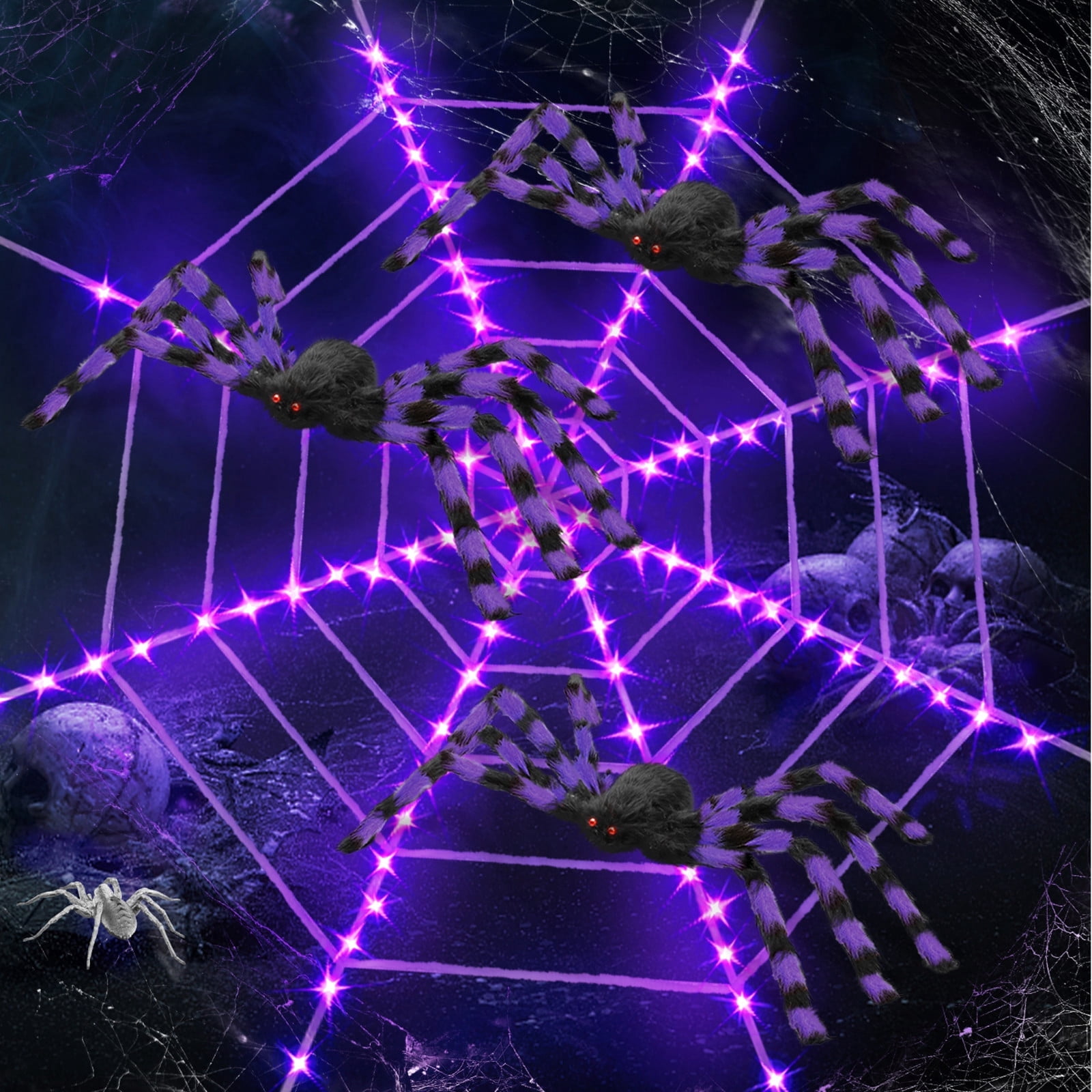 CRichMW 11.8ft Halloween 144 LED Purple Spider Web Lights with 35 ...