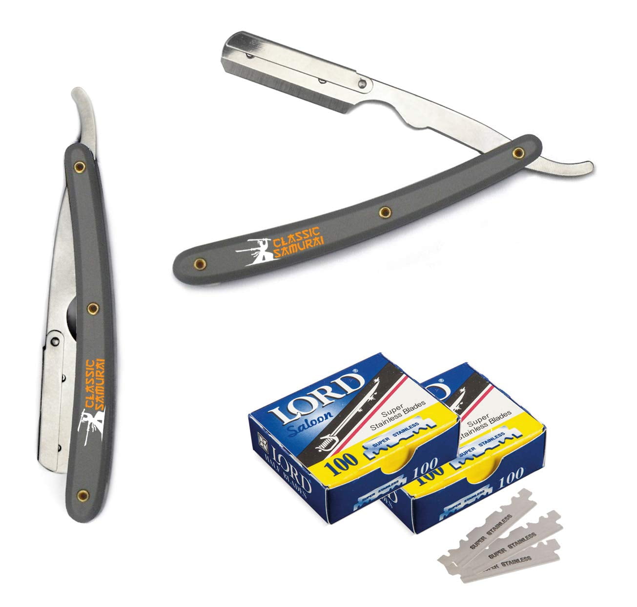 CS-101 Stainless Steel Straight Edge Gray Barber Razor + 200 Lord ...