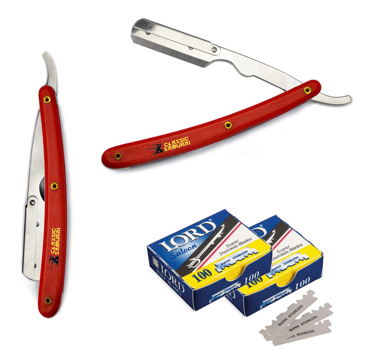 CS-101 Stainless Steel Straight Edge Red Barber Razor + 200 Lord Single ...