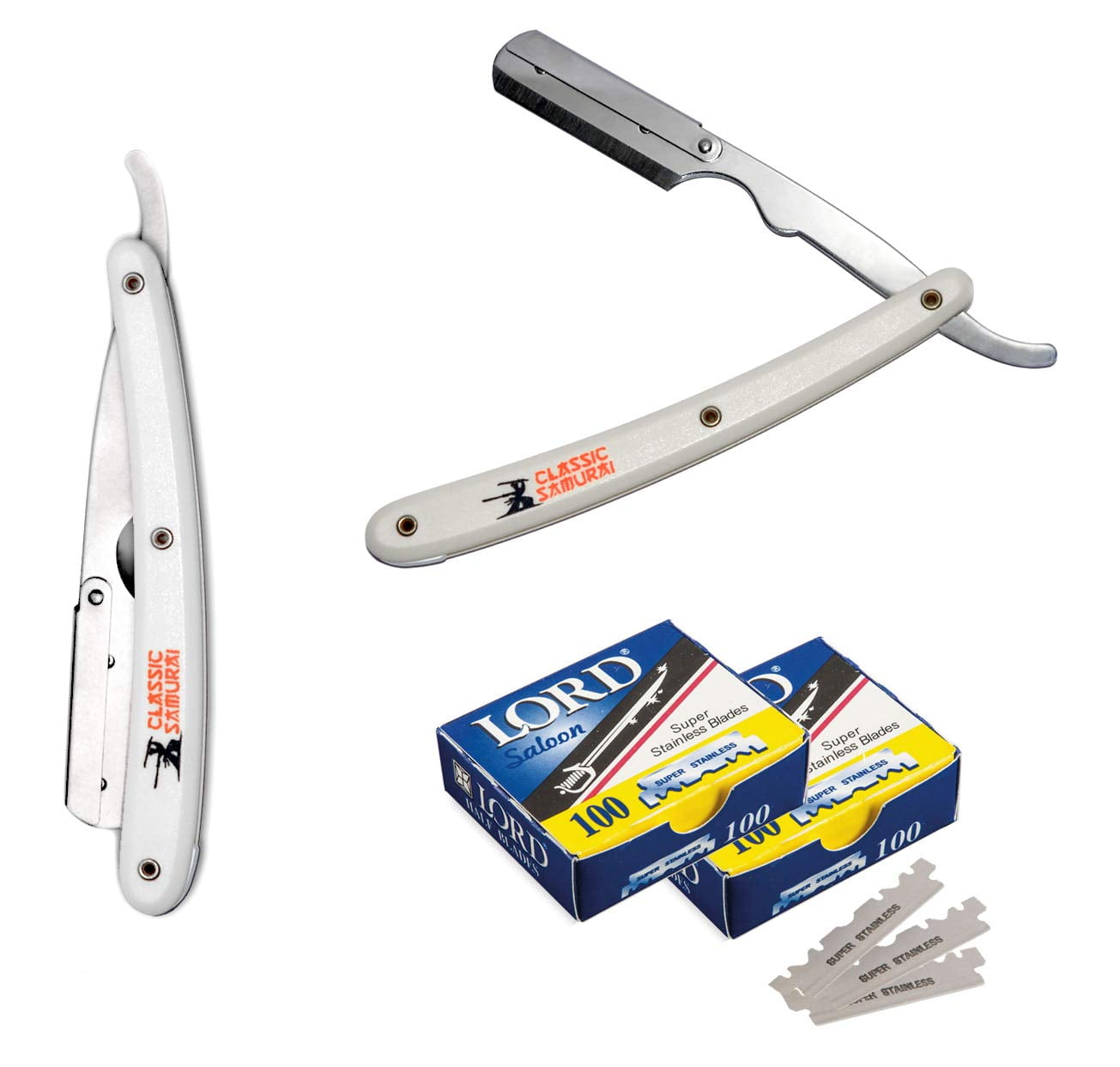 CS-101 Stainless Steel Straight Edge White Barber Razor + 200 Lord ...