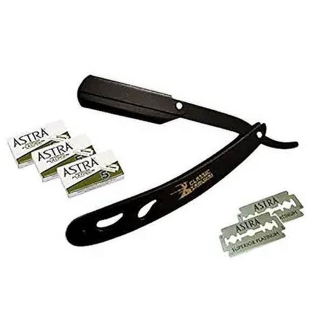 CS-102 Matte Black Folding Straight Razor Shavette with 15 Astra Double ...
