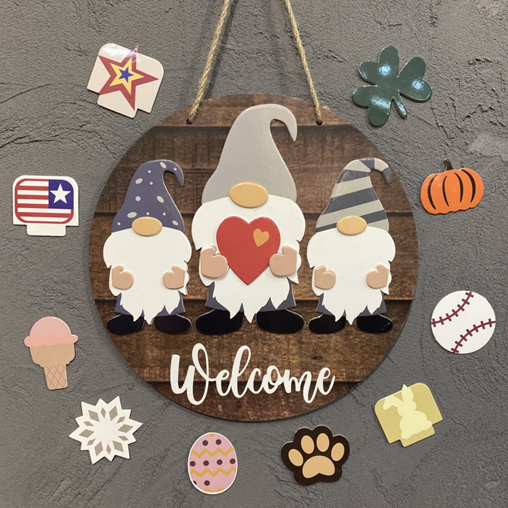 CSCHome 11.81inch Welcome Sign Gnomes Wooden Farmhouse Style Hanging ...
