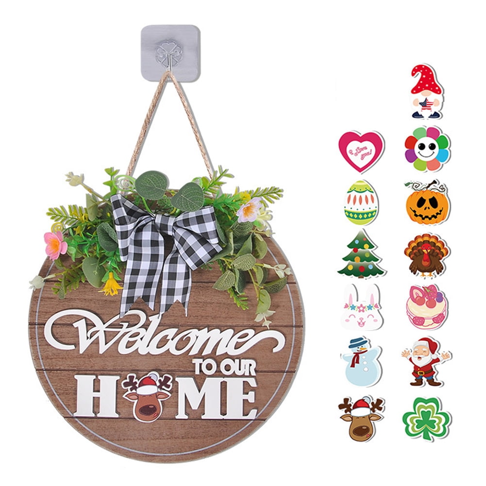 CSCHome Welcome Sign Spring Summer Green Wreath Front Door Decoration ...