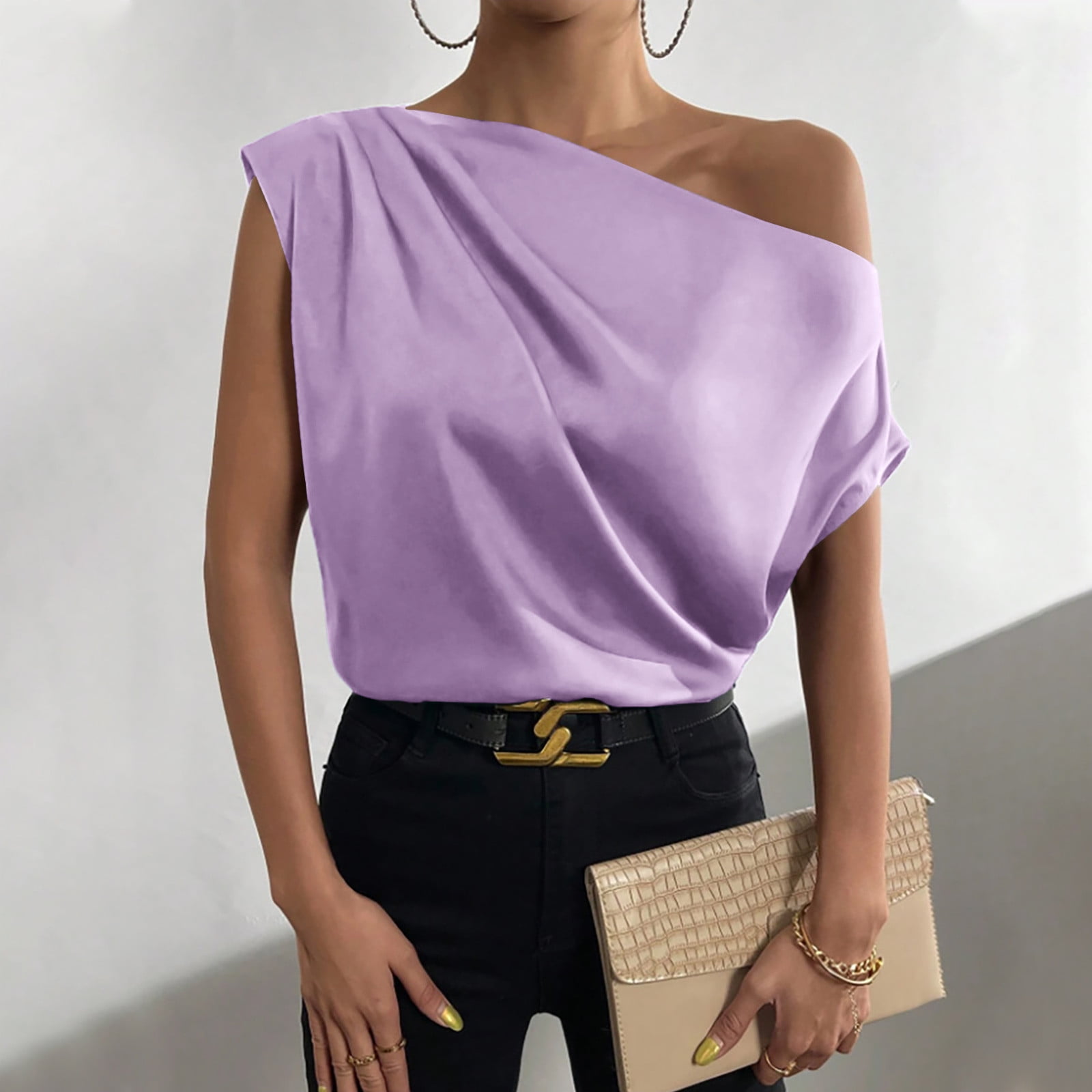 Cseone Womens Summer Sexy Slant Shoulder And Solid Color Crew Neck T