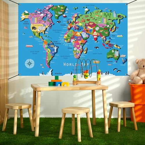CSFOTO Polyester 6X3.6ft World Map Cartoon Continent Animal Landmark ...