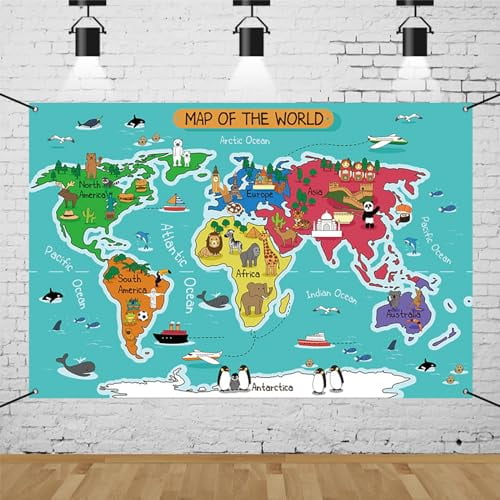 CSFOTO Polyester 6x3.6ft Cartoon World Map Art Education Wall ...